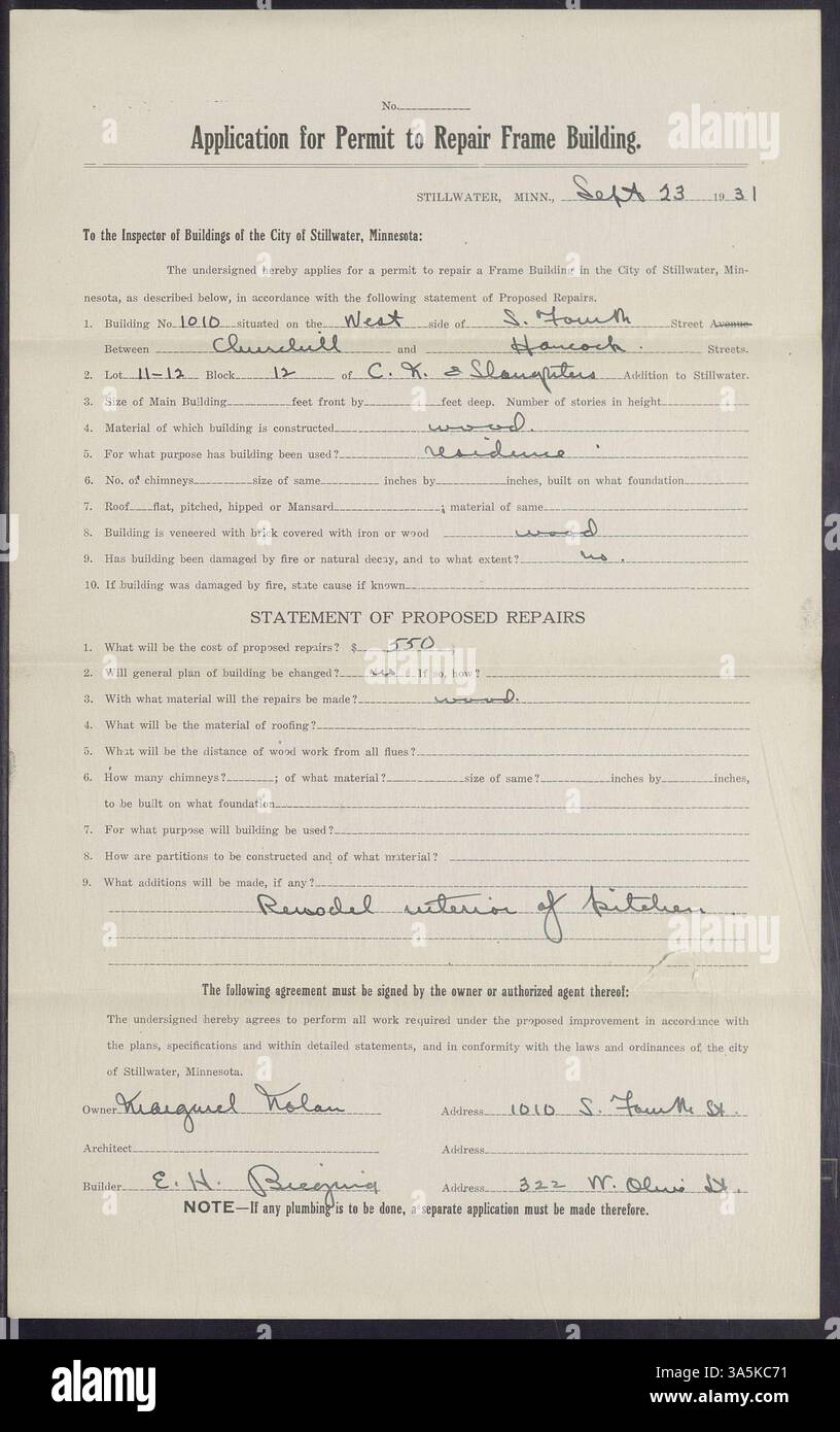 Building permit number 2349 for repairs to a frame building at 1010 ...