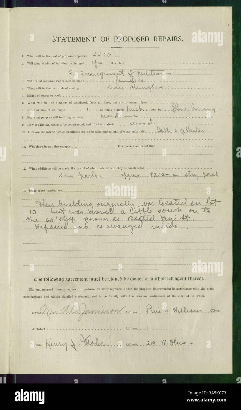 Building permit number 1950 for repairs to a building at West Pine ...