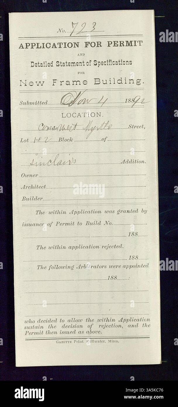 Building permit number 723 for a new frame building located at Myrtle ...