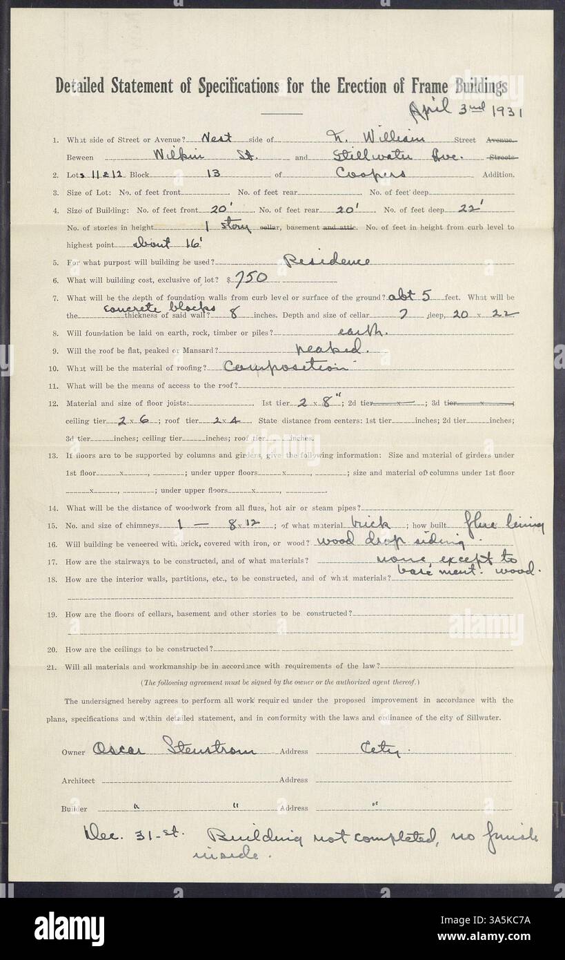 Building permit number 2338 for a new frame building at North William ...