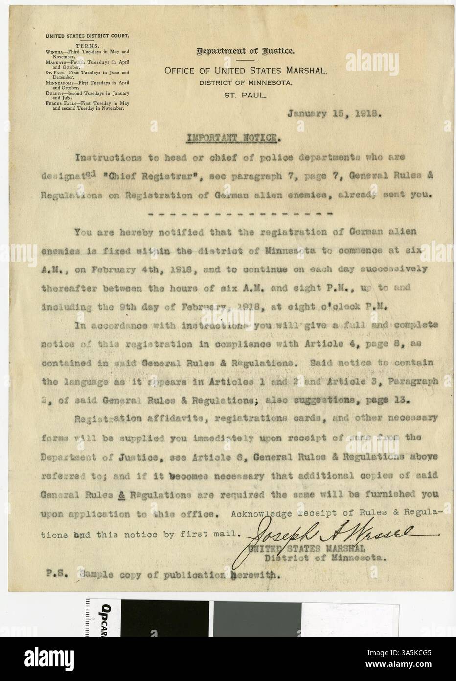 Notice regarding the registration of German alien enemies in Stillwater ...