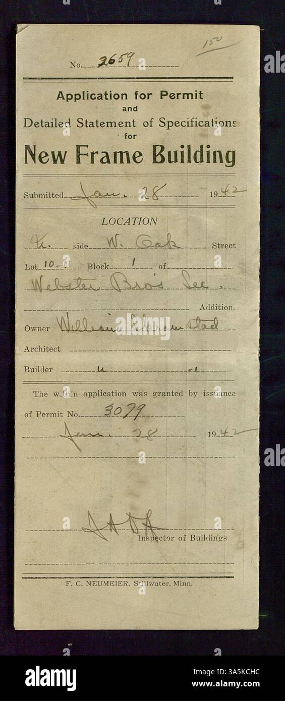 Building permit issued for a new frame building on the north side of ...