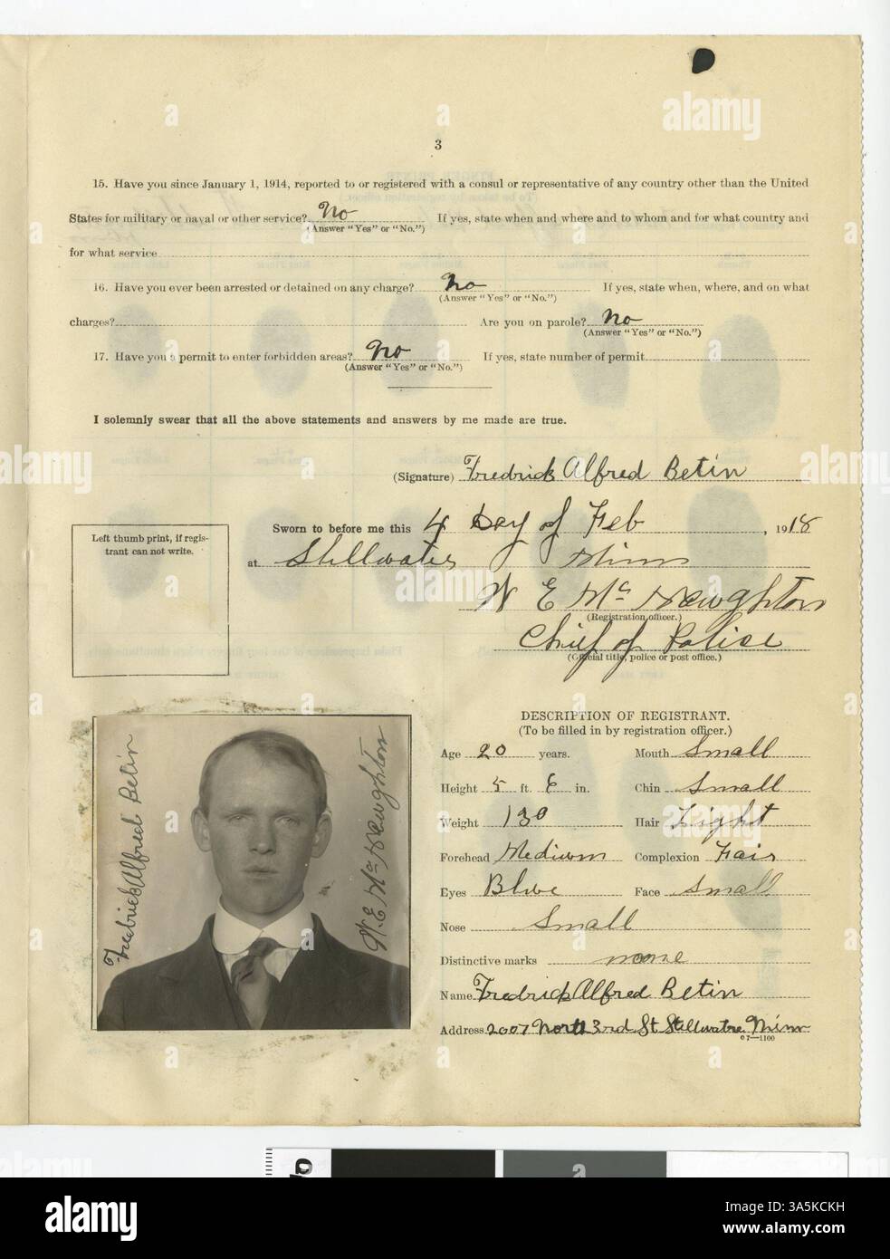 Registration affidavit of Fredrick Alfred Betin, sworn to W.E ...