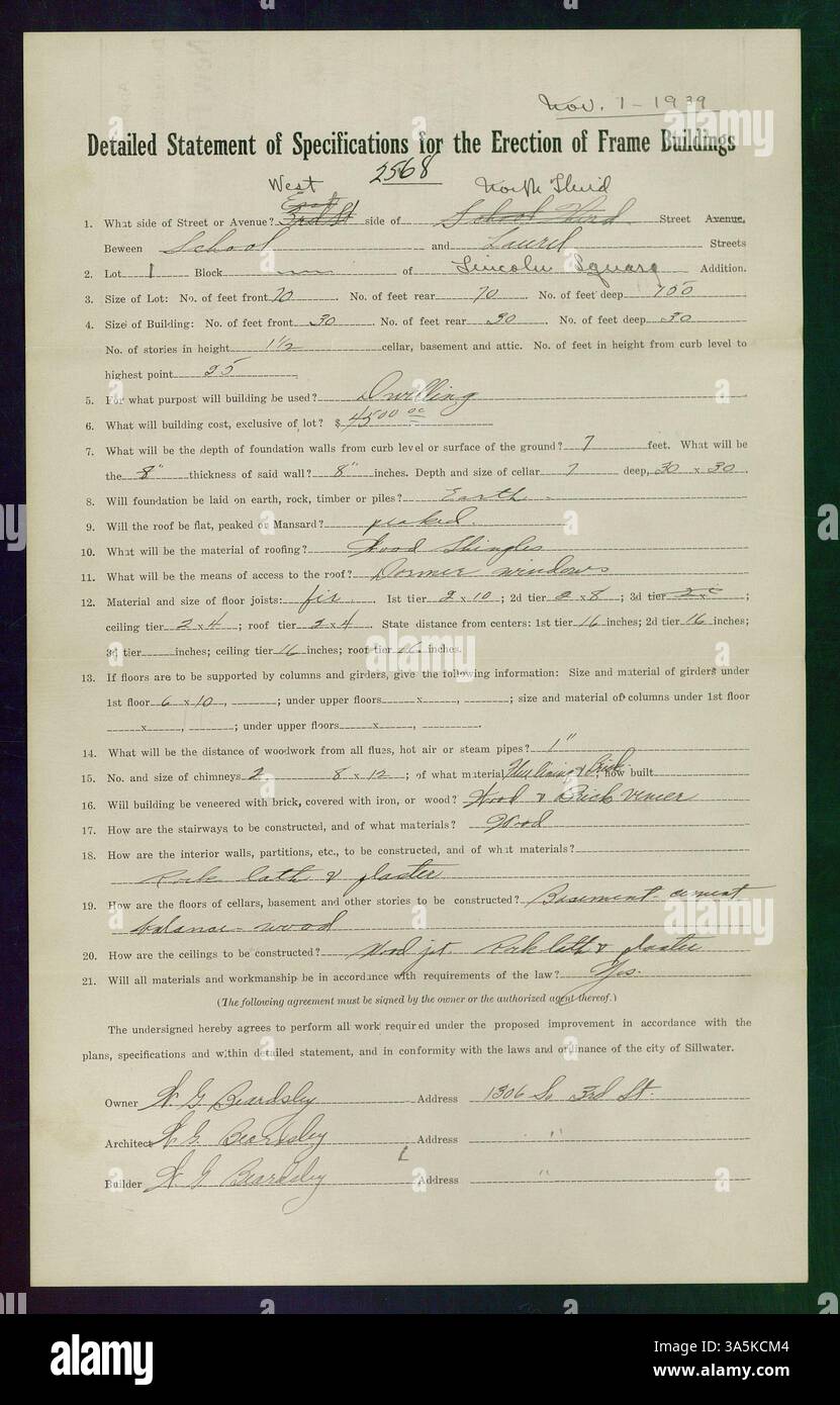 Building permit for a new frame structure on North Third Street ...