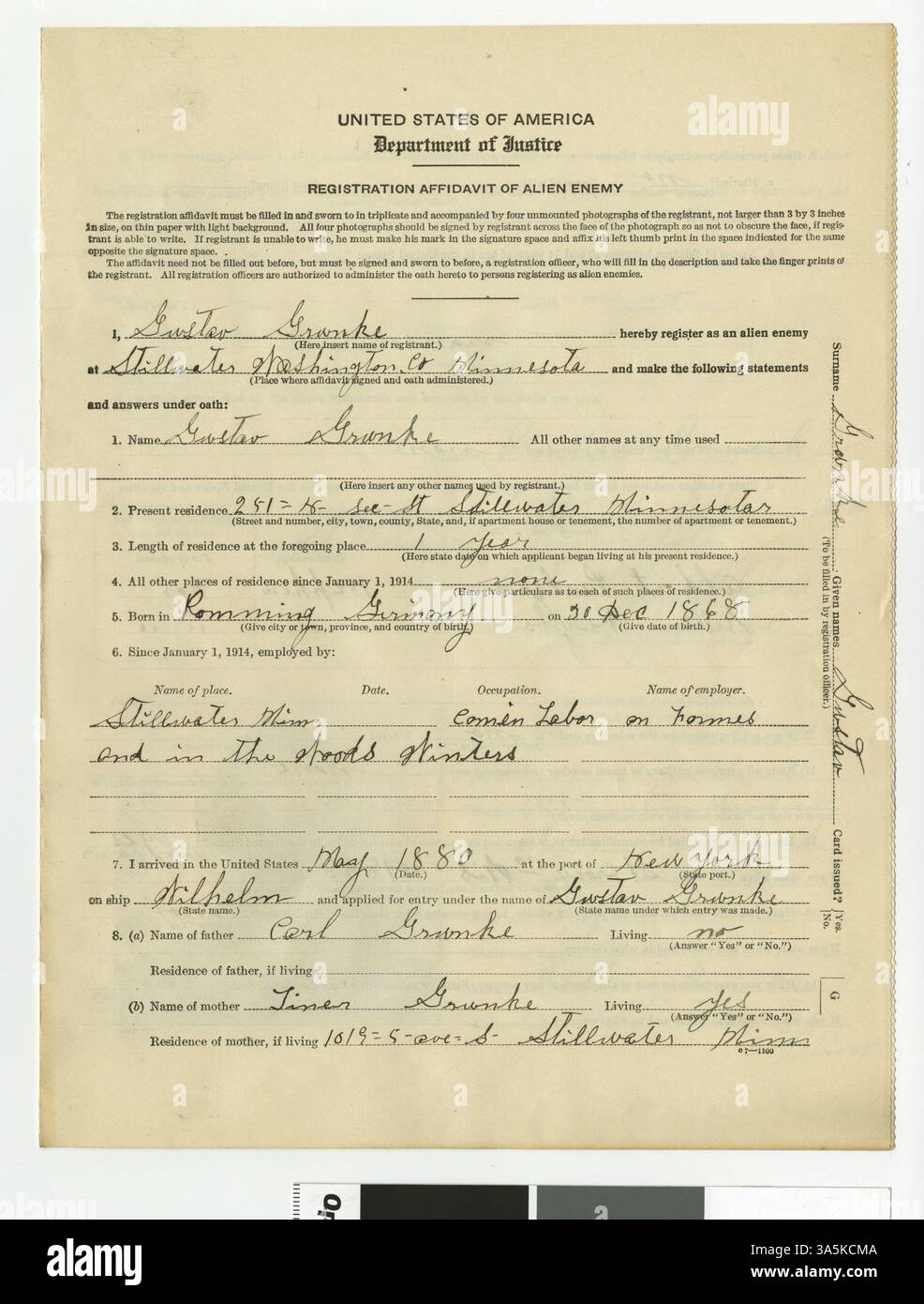 Registration affidavit of Gustav Grunke, sworn to W.E. McNaughton ...