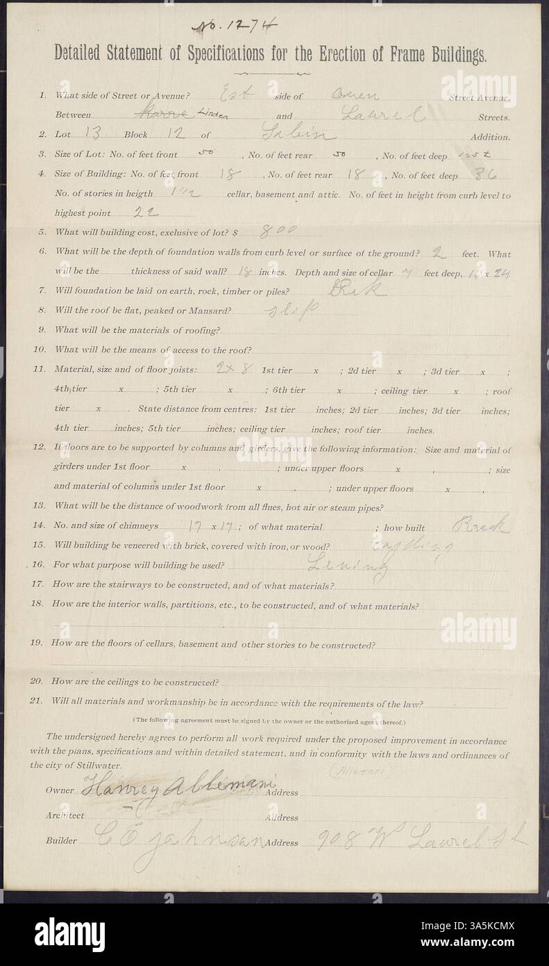 Building permit for a new frame building on Owens Street, Stillwater ...