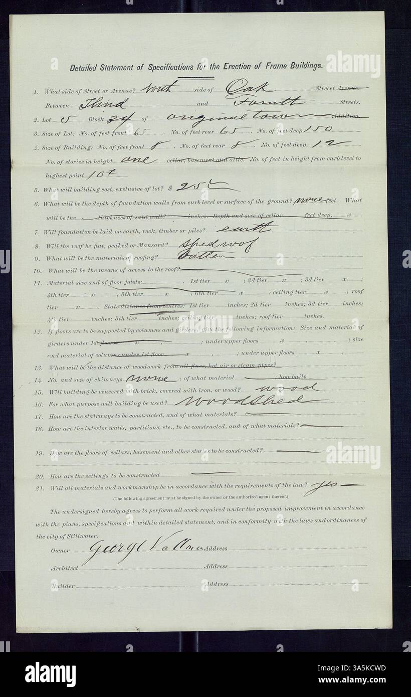 Building permit for a new frame building on oak street hi-res stock ...