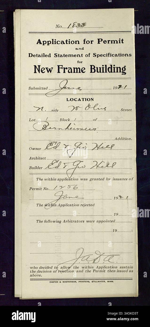 Building permit for a new frame structure at olive street hi-res stock ...