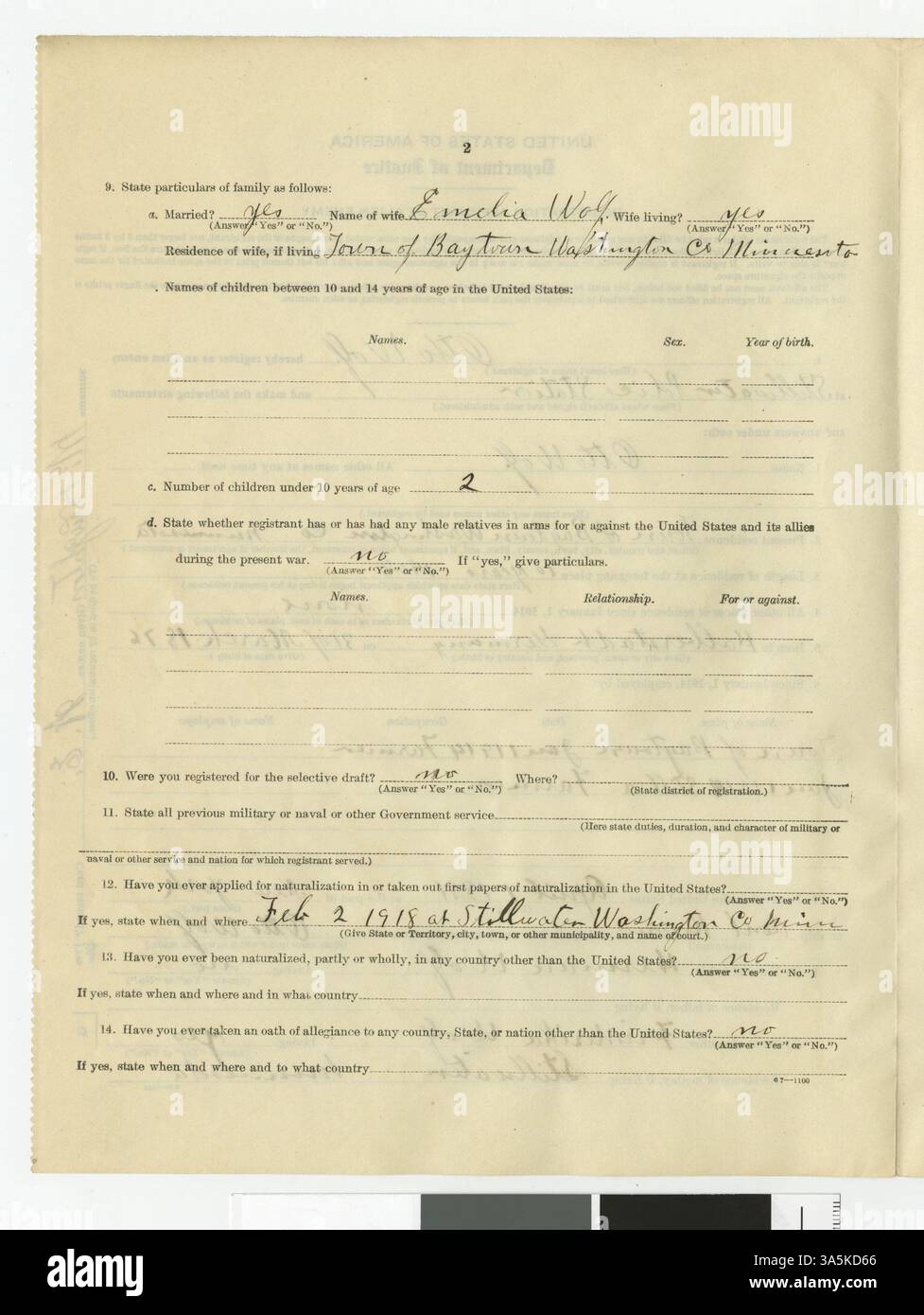 This affidavit, dated February 4, 1918, records the personal and ...