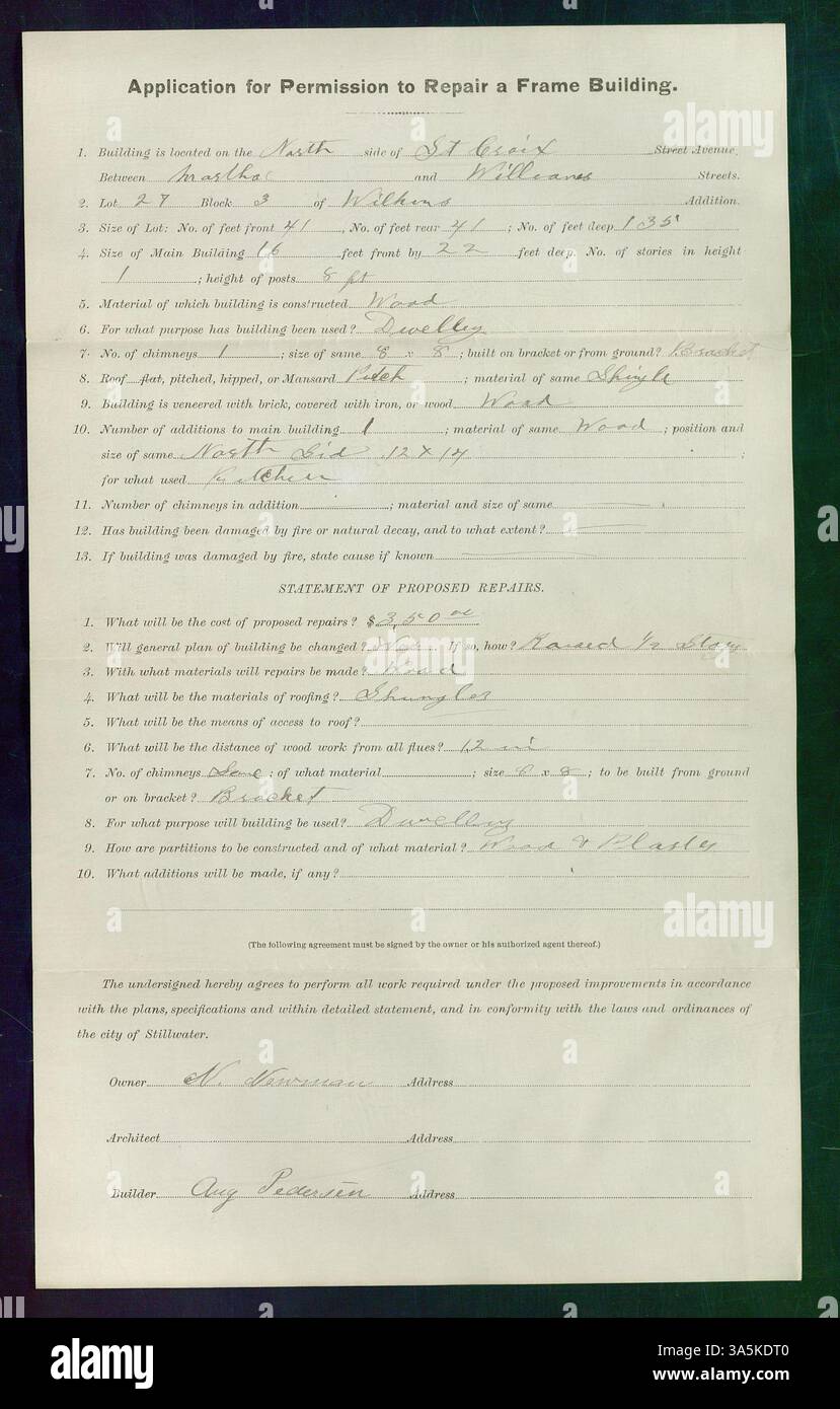 Building permit issued for repairs to a frame building at St. Croix ...