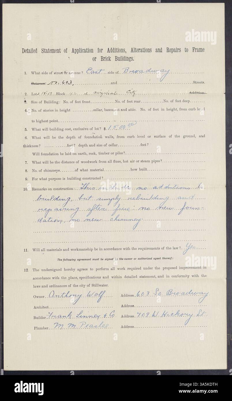 Permit for additions and repairs to a frame or brick building at 603 ...
