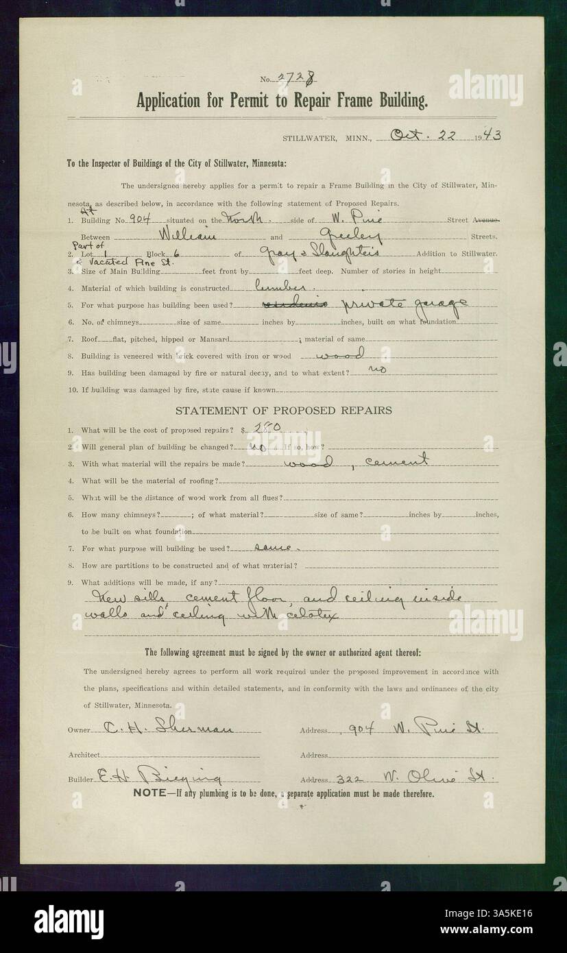 Permit number 2728, granted on October 22, 1943, for repairs to a frame ...