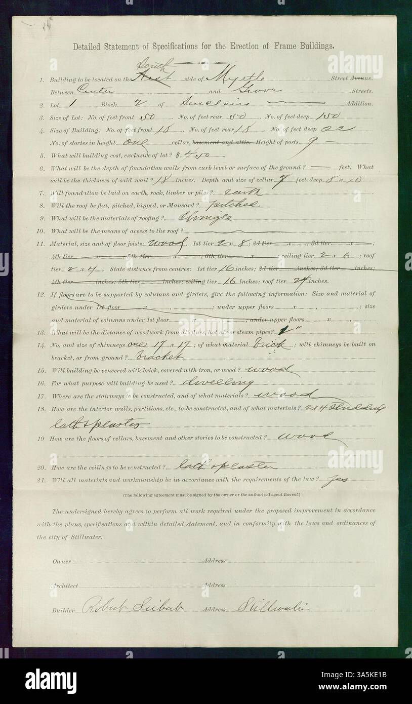 An application submitted on April 9, 1887, for a new frame building ...