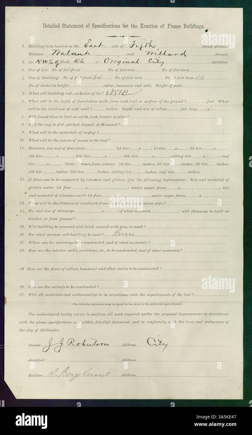 The permit for a new frame building at Lot 6, Block 8, East side of ...
