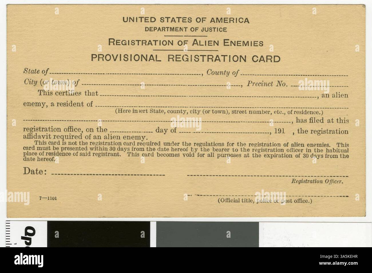 This document is a blank copy of a provisional registration card for ...