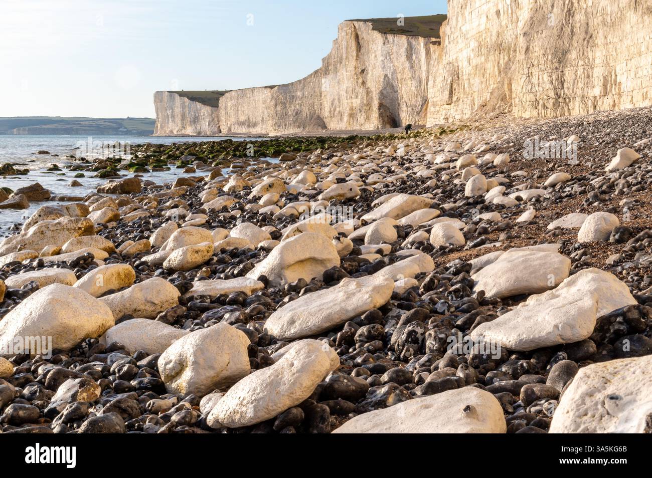 Chalk boulders on the shore at Birling Gap, with the Seven Sisters ...