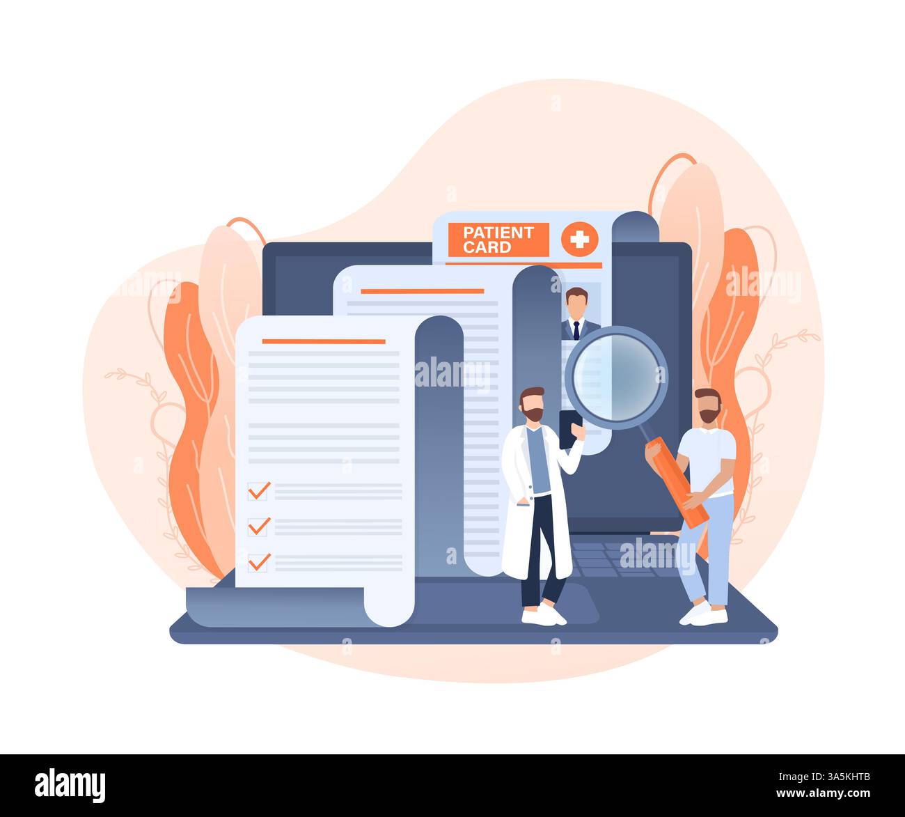 Patient card. Flat design vector illustration. Patient card with people ...