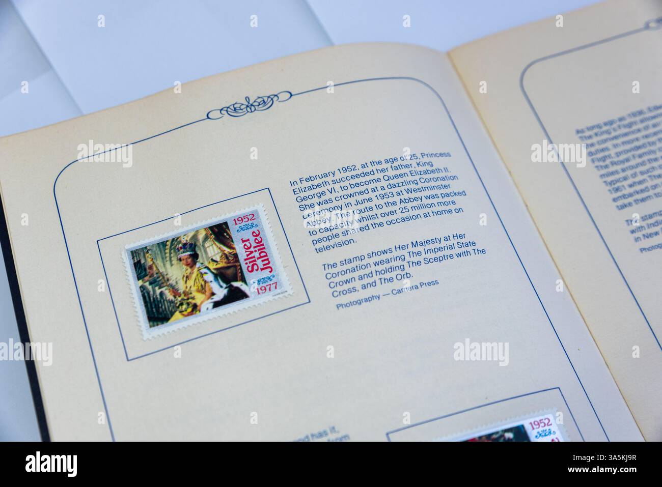 Silver Jubilee commemoration stamp in a presentation booklet, depicting Queen Elizabeth II at ...