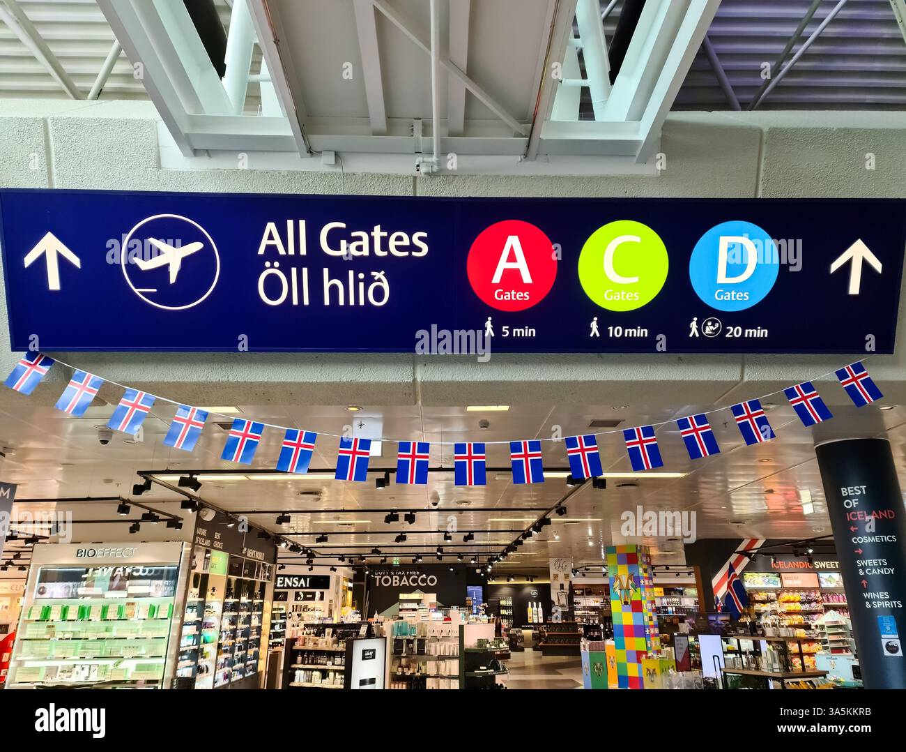 Keflavik, Iceland 23. June 2024, Blue all gates airport sign with ...