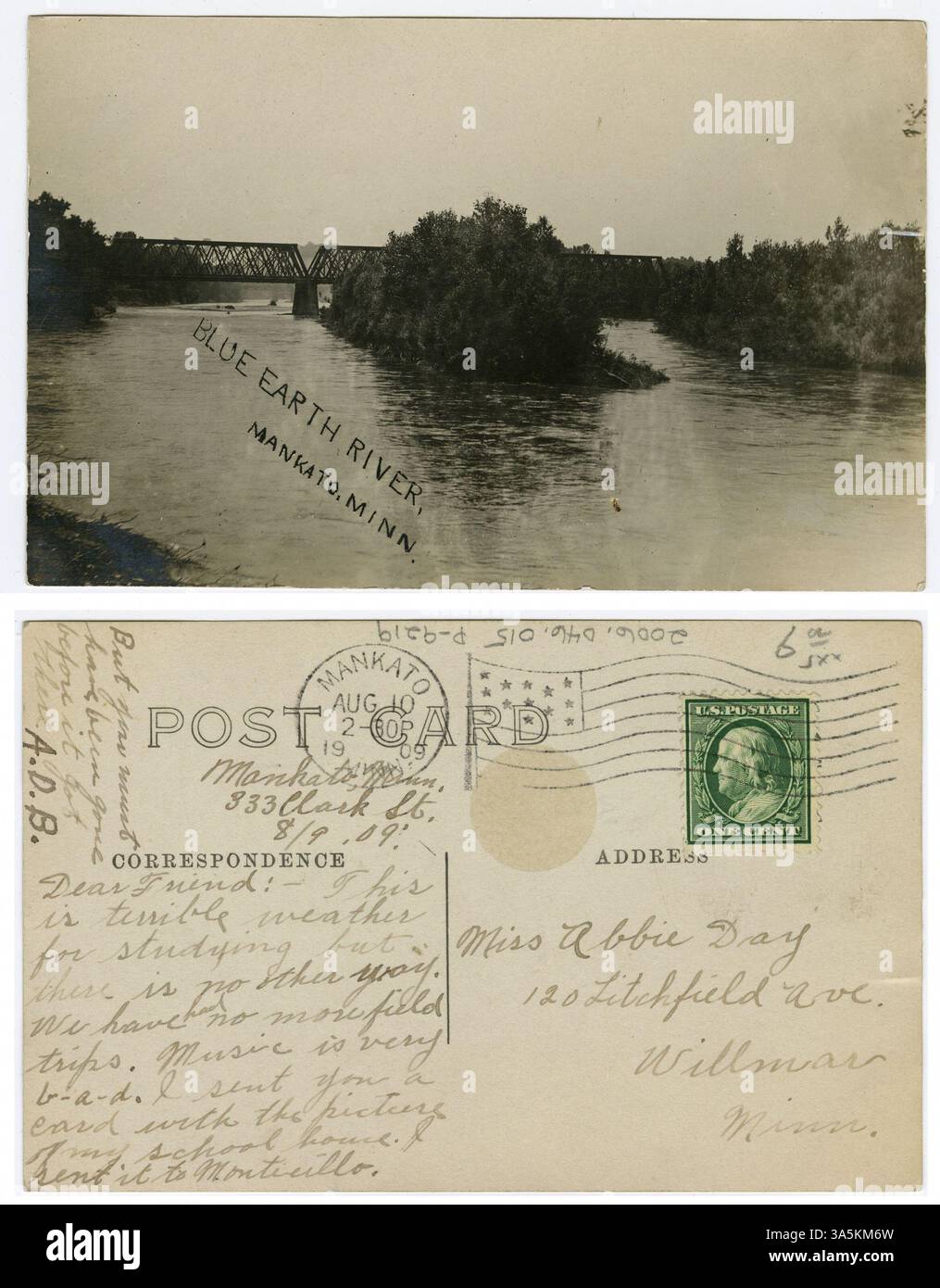 View of the Blue Earth River in Mankato with a bridge in the background ...