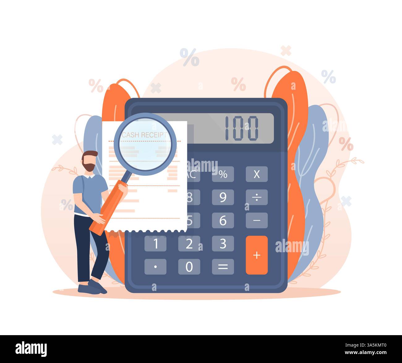 Man looking through magnifying glass at bill, check or invoice. Concept ...