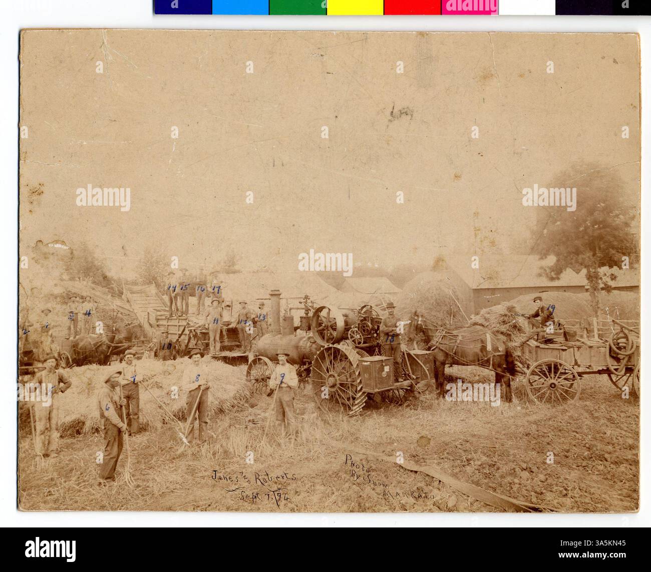 A photograph of the Jones and Roberts threshing crew posed with horses ...