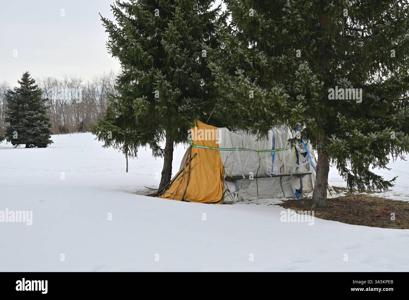Homeless encampment in the public park in winter Stock Photo - Alamy