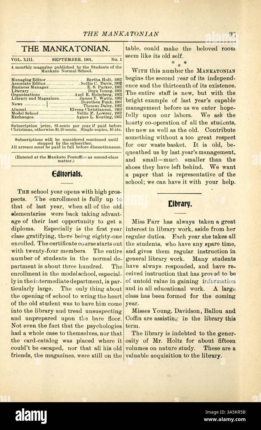 The Mankatonian, Volume 13, Issue 1, from September 1901, was a student ...