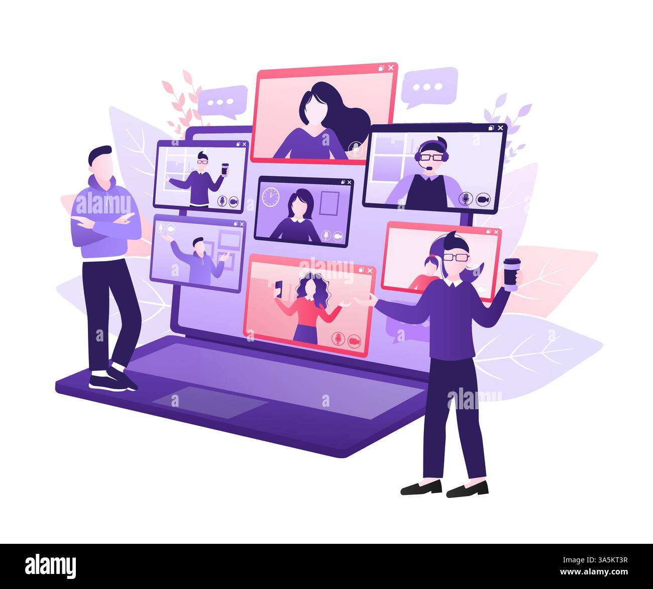Flat illustration. Video conference. Video call between friends ...