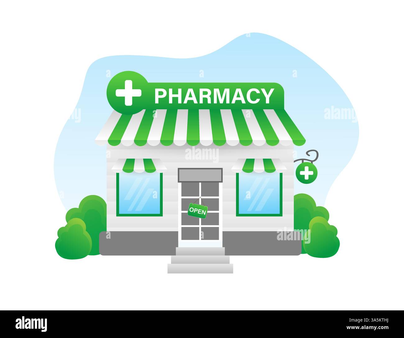 Cartoon illustration with pharmacy building. Cartoon vector people ...