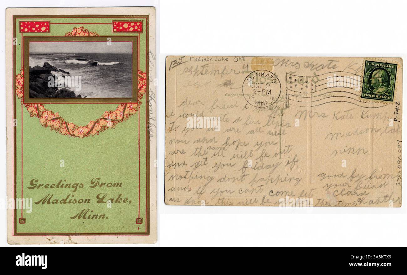 This postcard from Madison Lake, Minnesota, features a greeting card ...