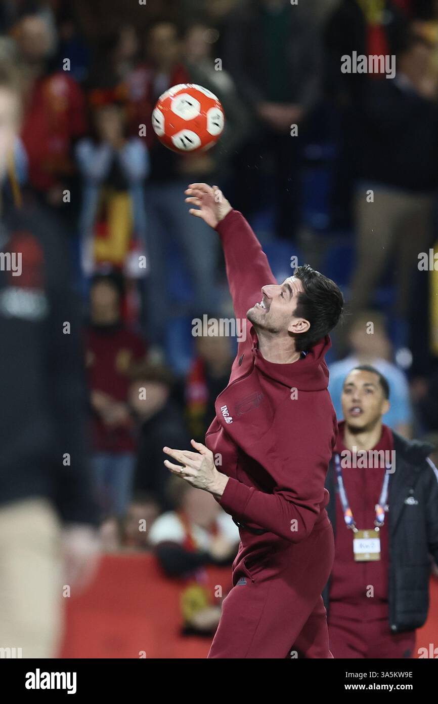 Belgium's goalkeeper Thibaut Courtois celebrates after a soccer game ...