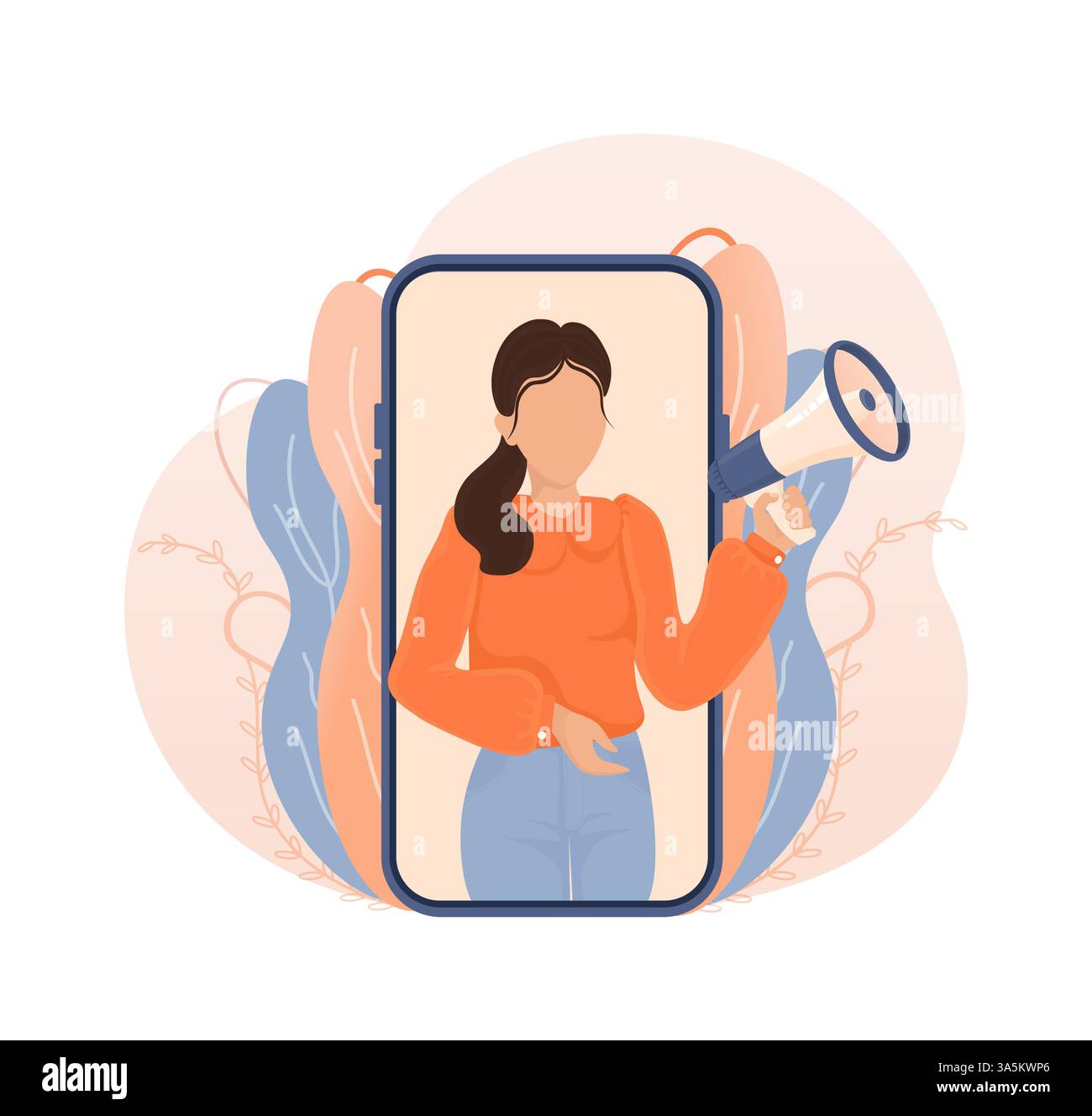 Woman with megaphone in retro style on yellow background. Woman with ...