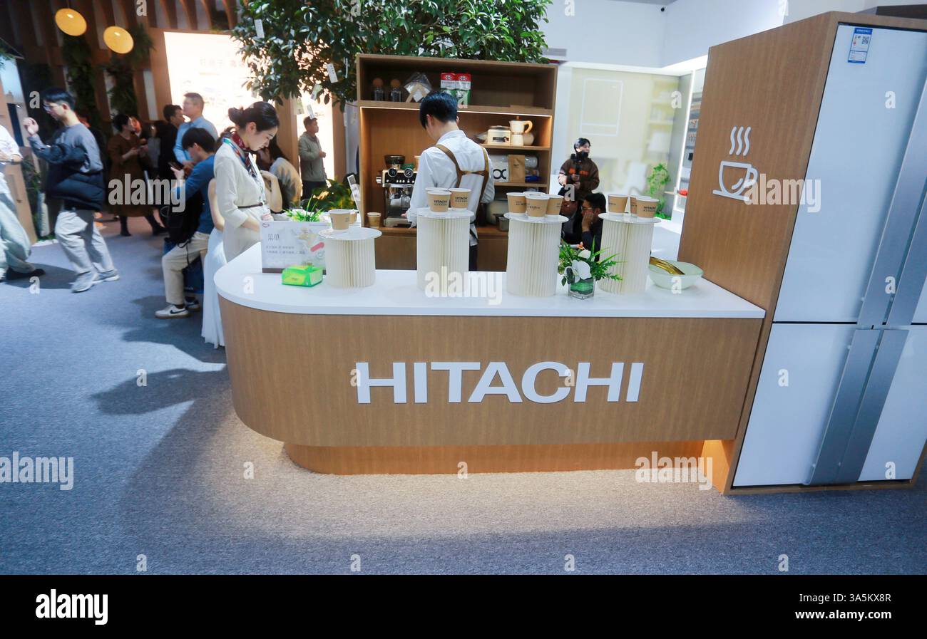 SHANGHAI, CHINA - MARCH 20, 2025 - Japanese company Hitachi booth at 2025AWE in Shanghai, China ...