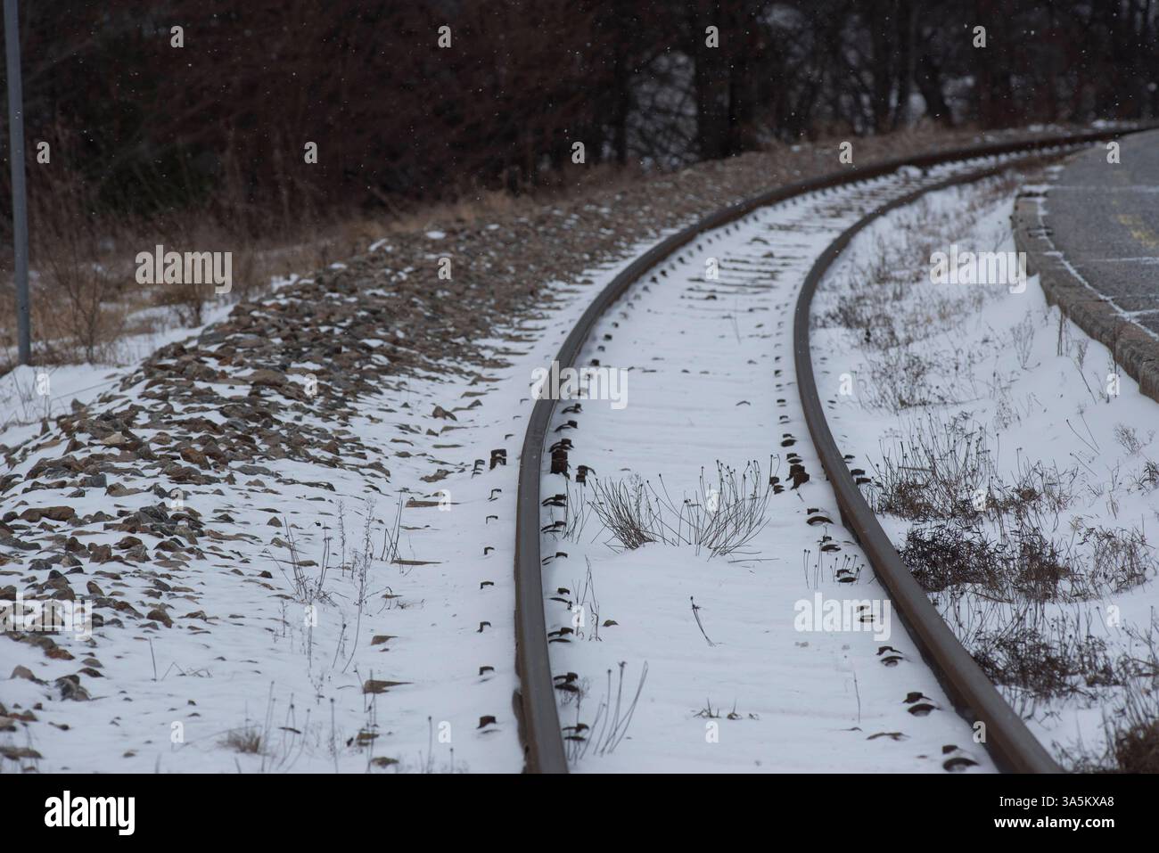 railway track system in winter, on a grey and snowy day railway track ...