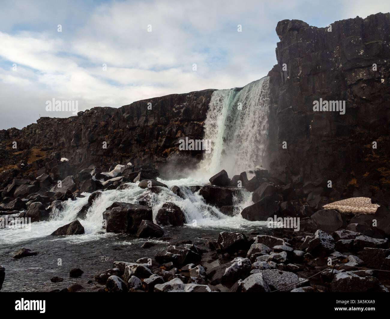 Öxarárfoss waterfall in Þingvellir National Park, Iceland. Powerful ...