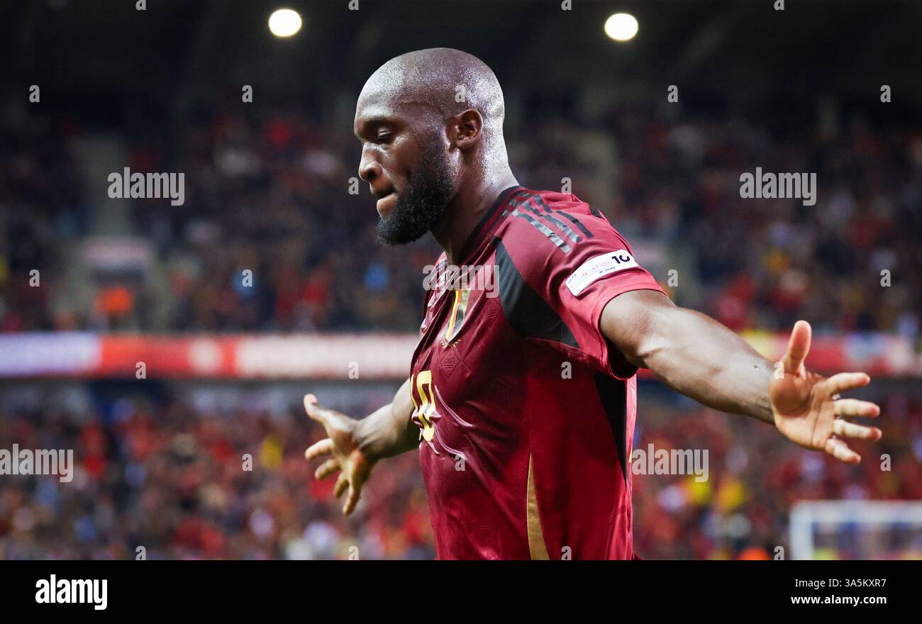 Belgium's Romelu Lukaku celebrates after scoring during a soccer game ...