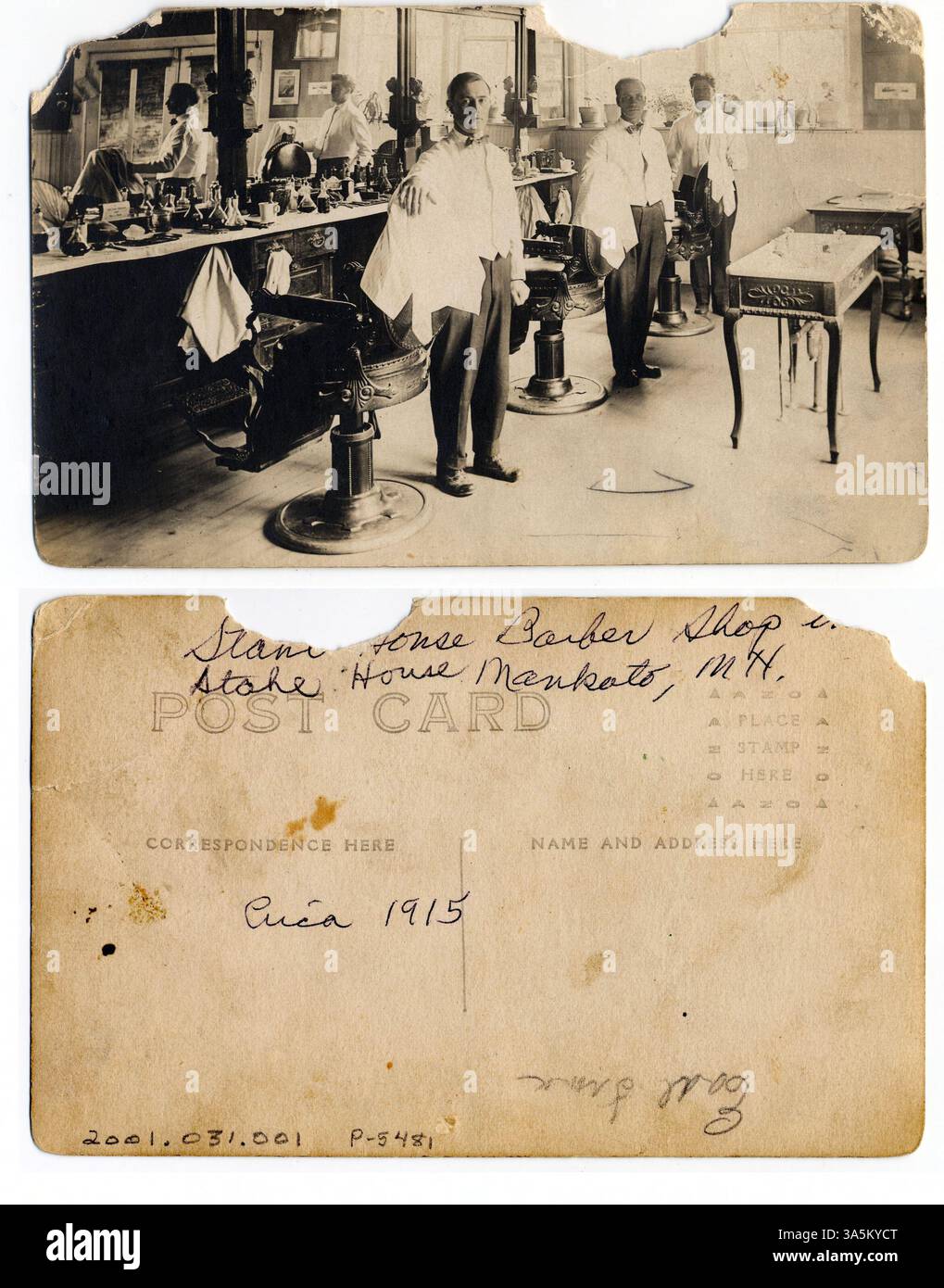 Three men are seated in barber chairs inside the Stahl House Hotel ...