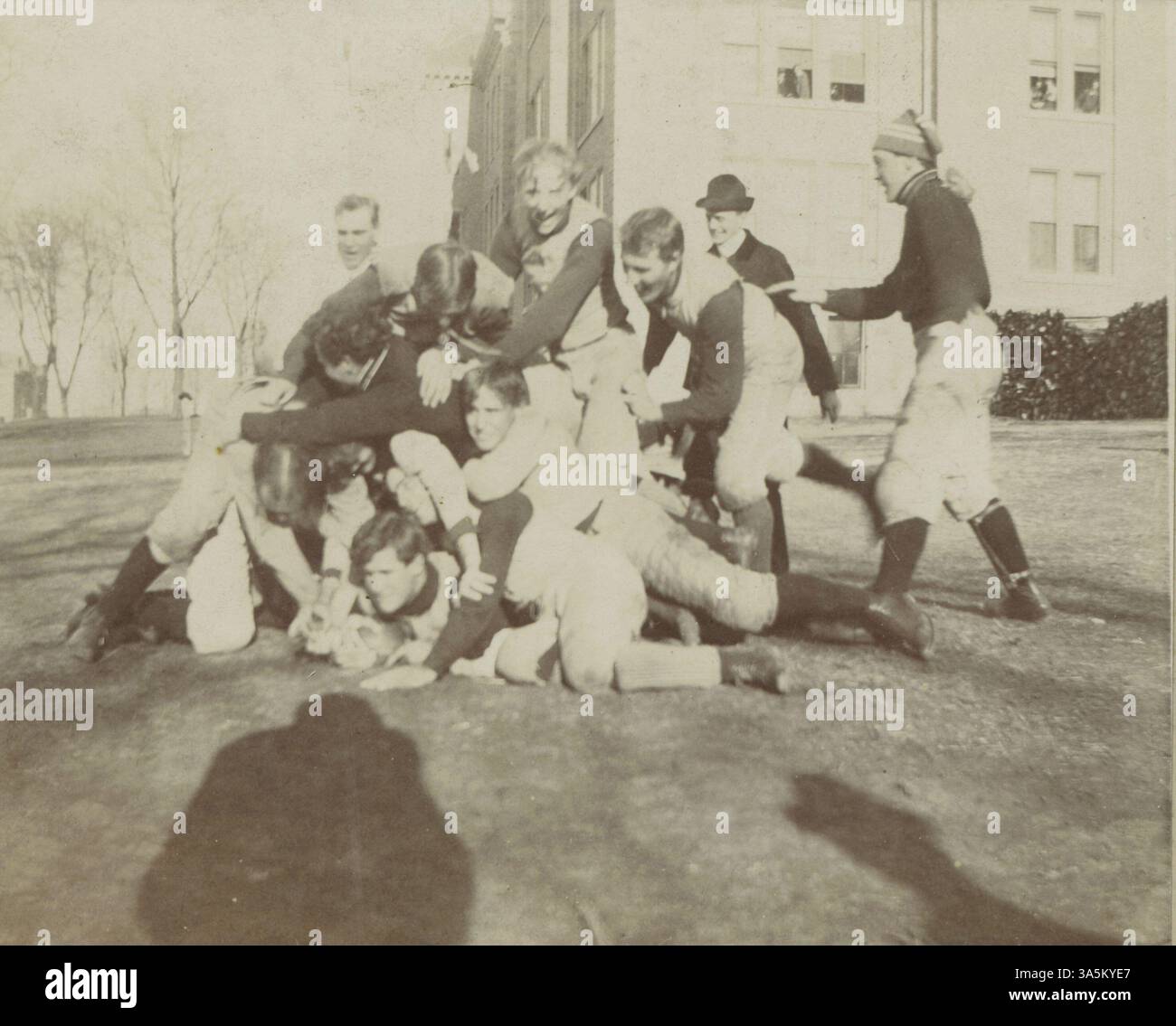This group portrait from 1898 shows the football team of Mankato State ...