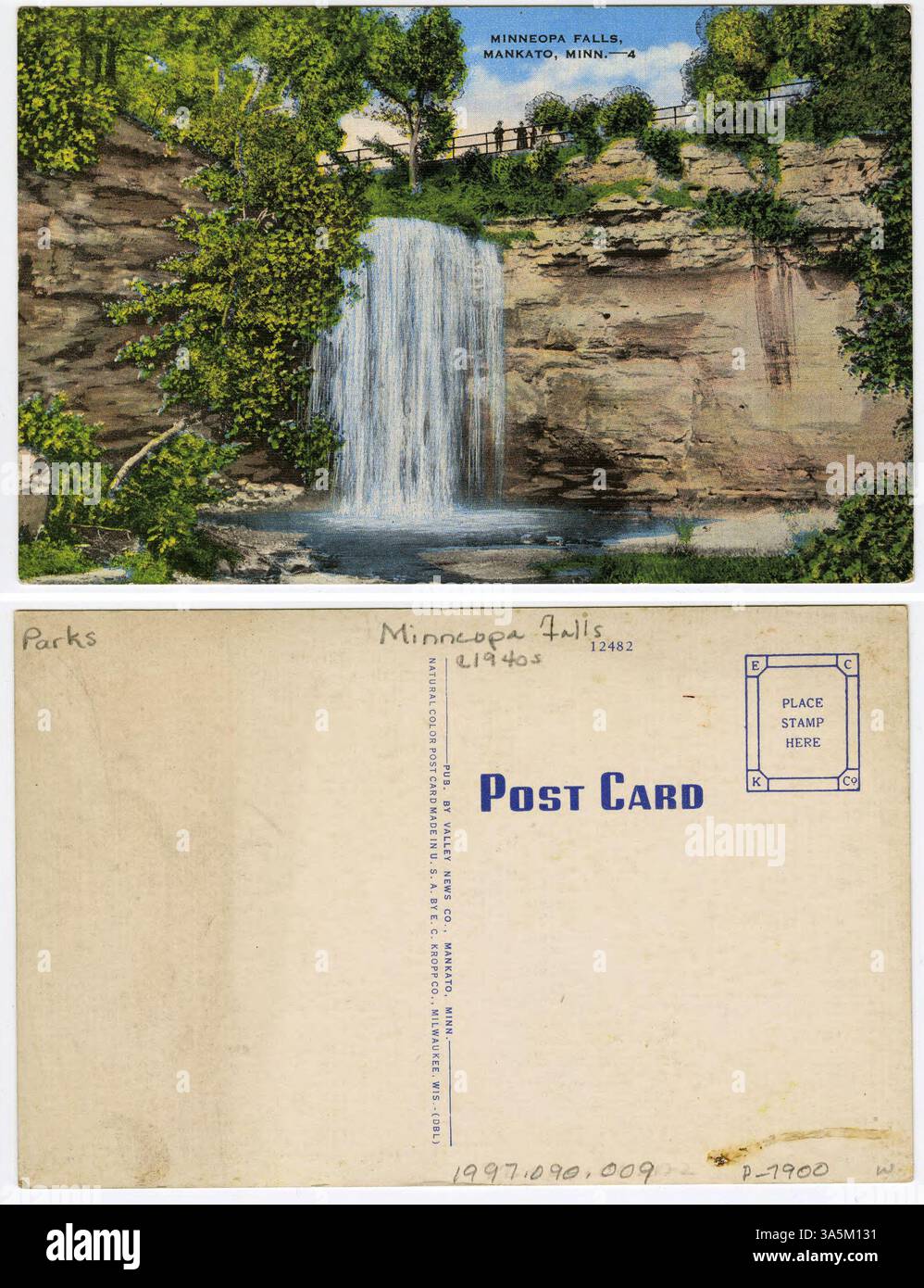A postcard image of the Lower Minneopa Falls with people at an overlook ...