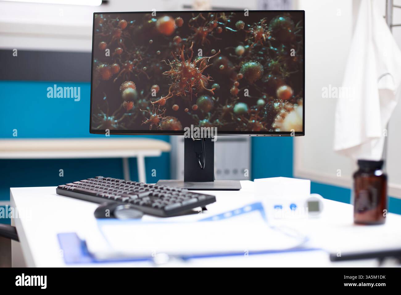 Closeup on computer screen displaying cellular structures related to ...