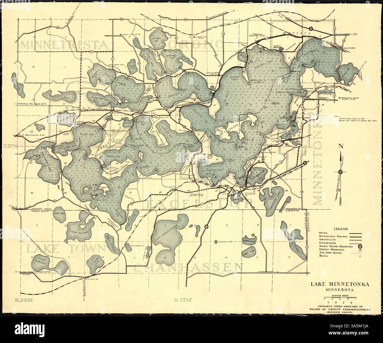 This map of Lake Minnetonka details the lake's depths in feet below the ...