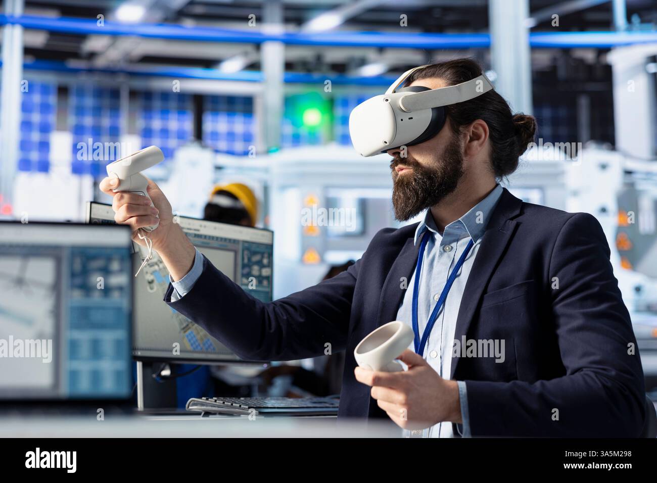 Technician using VR goggles to monitor solar panel manufacturing plant ...