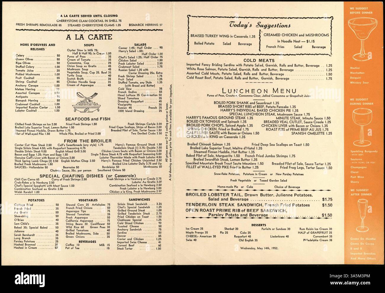 The menu features appetizers, soups, salads, seafood, broiler entrees ...