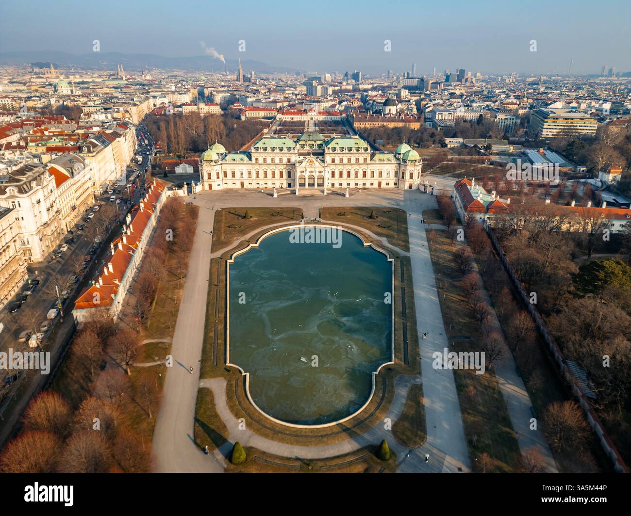 02-22-2025, Vienna, Aerial drone view of Belvedere Palace and the ...