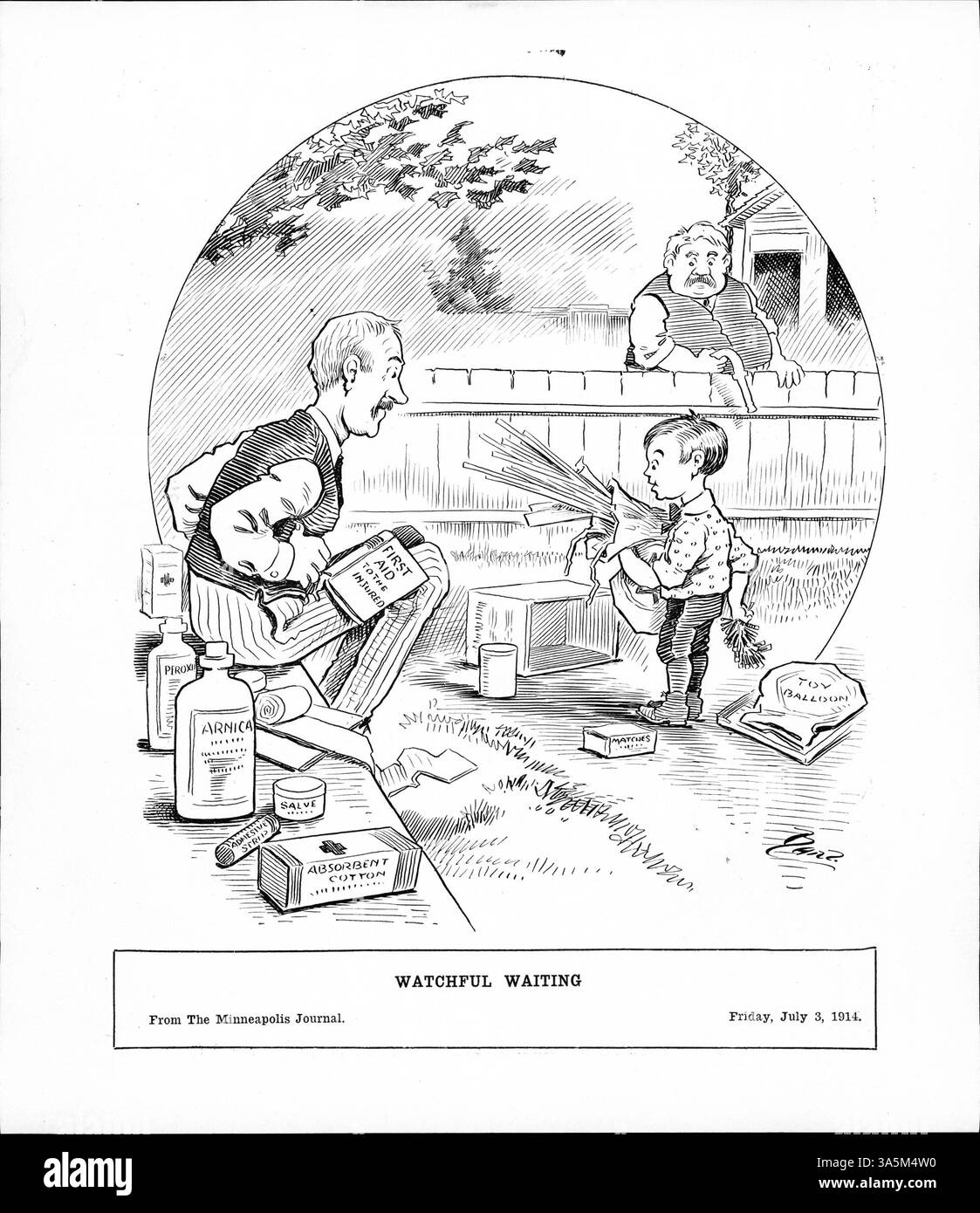 A child prepares fireworks while his father waits with a First Aid book ...