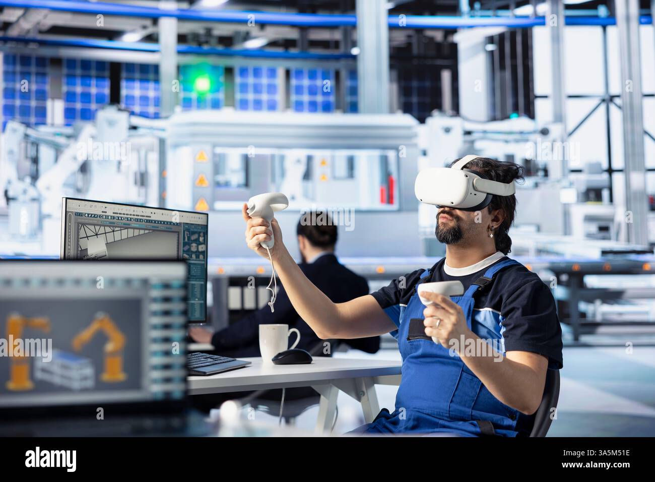 Technician using VR tech simulation to monitor solar panel plant ...