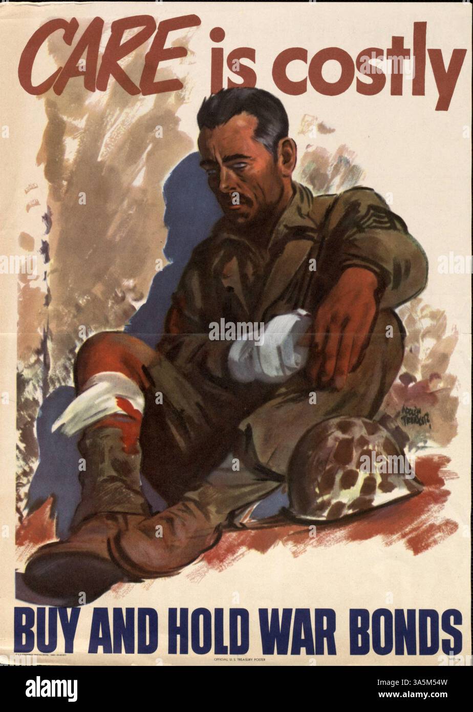A 1945 wartime image of a seated soldier with bandaged hand and calf ...