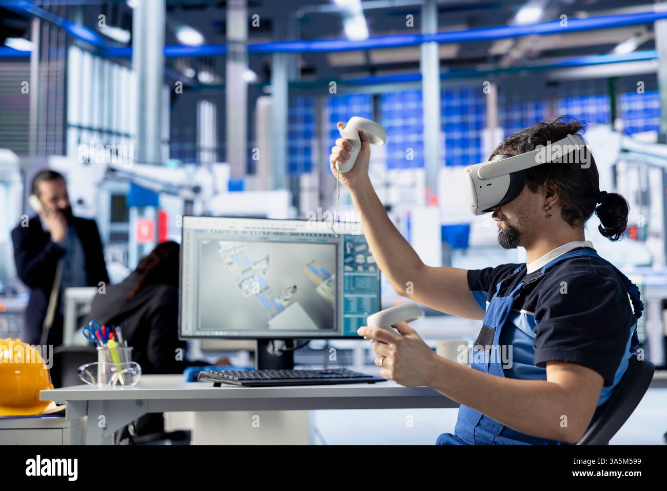 Solar panels plant expert using VR headset to optimize manufacturing workflow. Photovoltaics ...