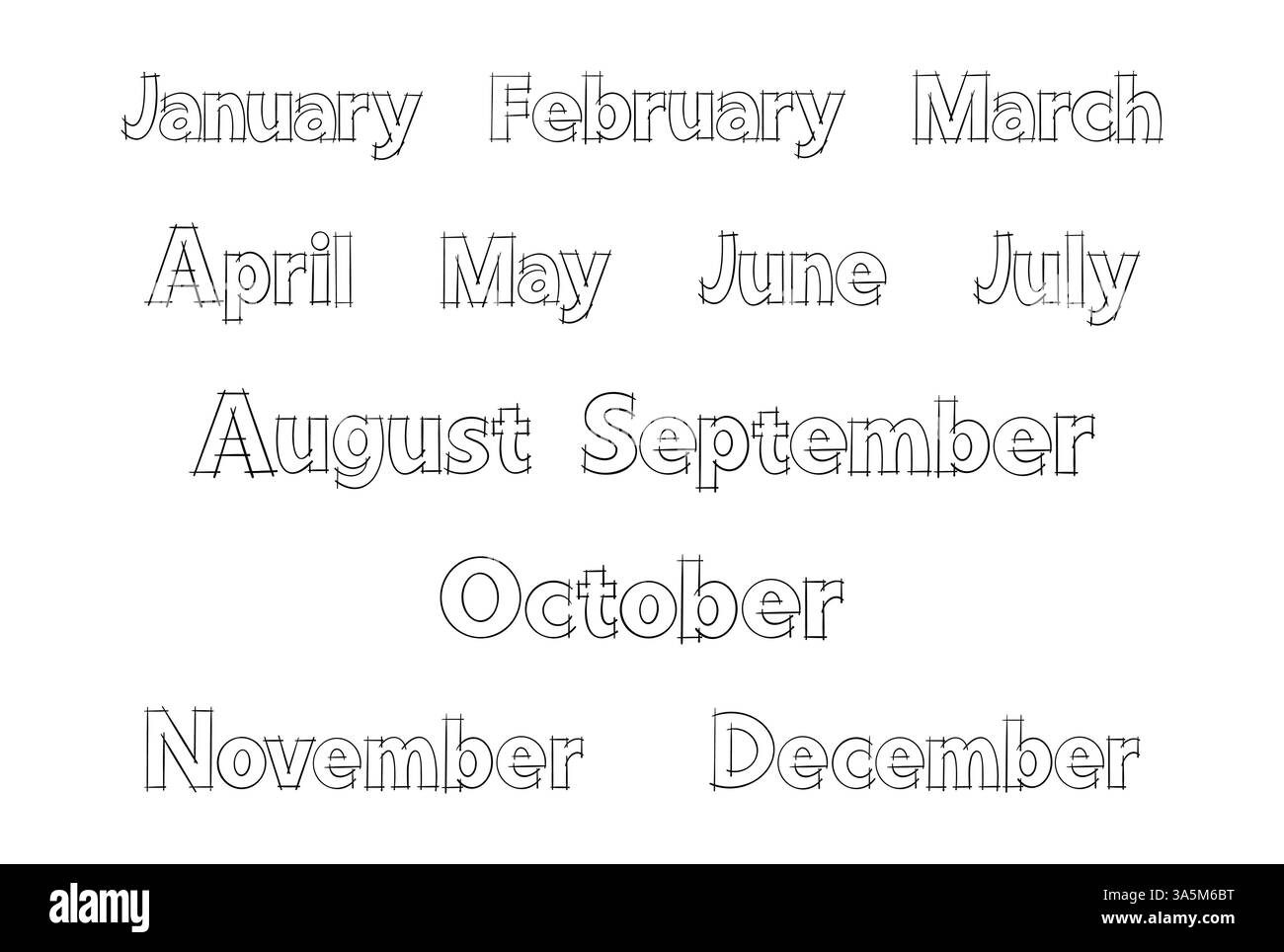 Hand drawn uppercase month names of the year for stickers, calendars ...